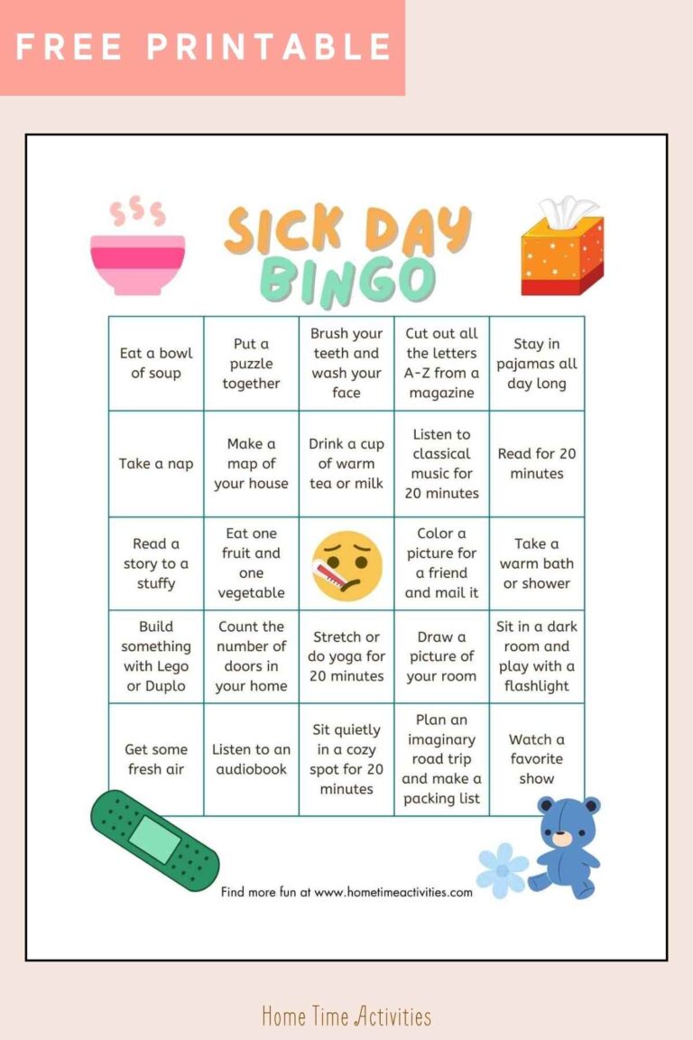 Sick Day Bingo with Fun Sick Day Activities - Free Printable PDF