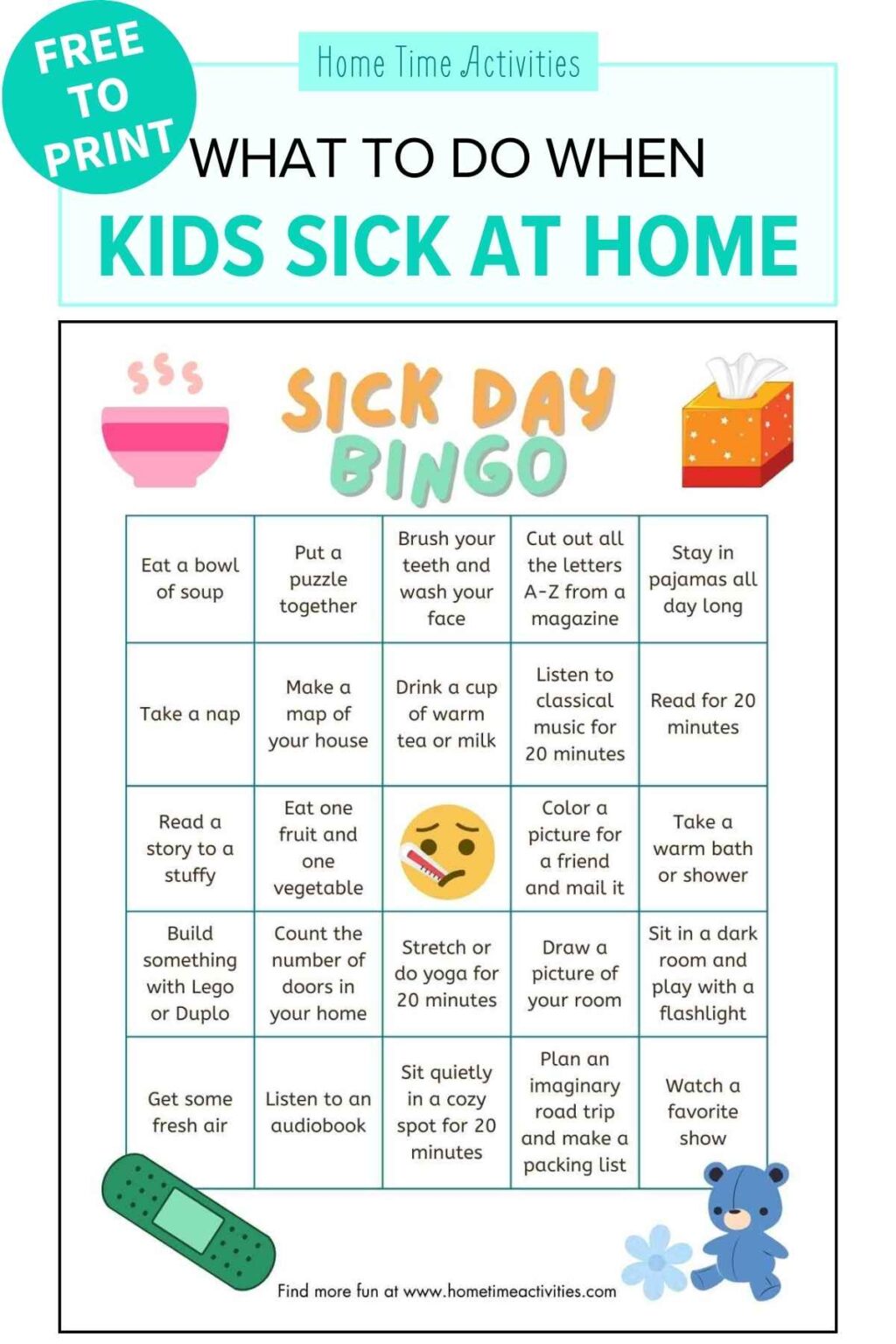 Sick Day Bingo with Fun Sick Day Activities - Free Printable PDF