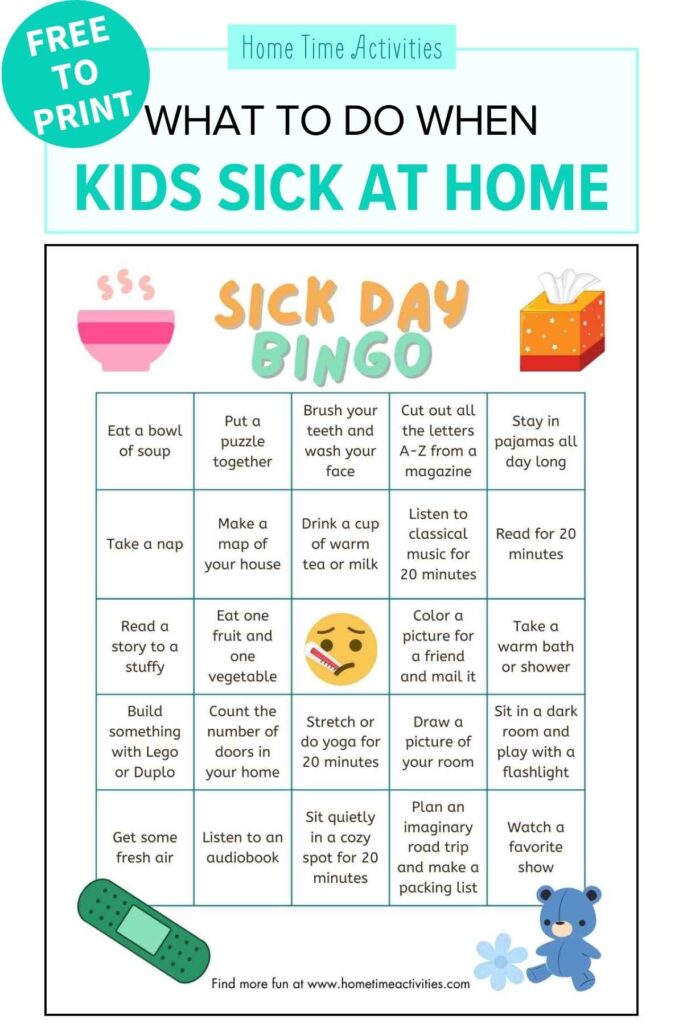 Sick Day Bingo with Fun Sick Day Activities - Free Printable PDF