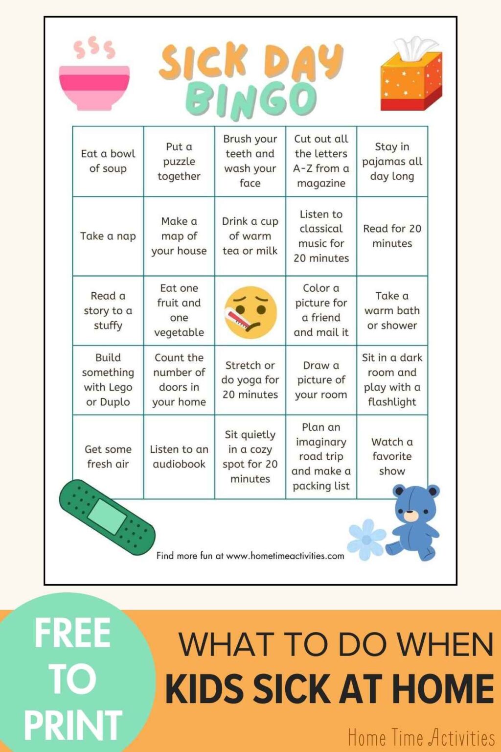 Sick Day Bingo with Fun Sick Day Activities - Free Printable PDF